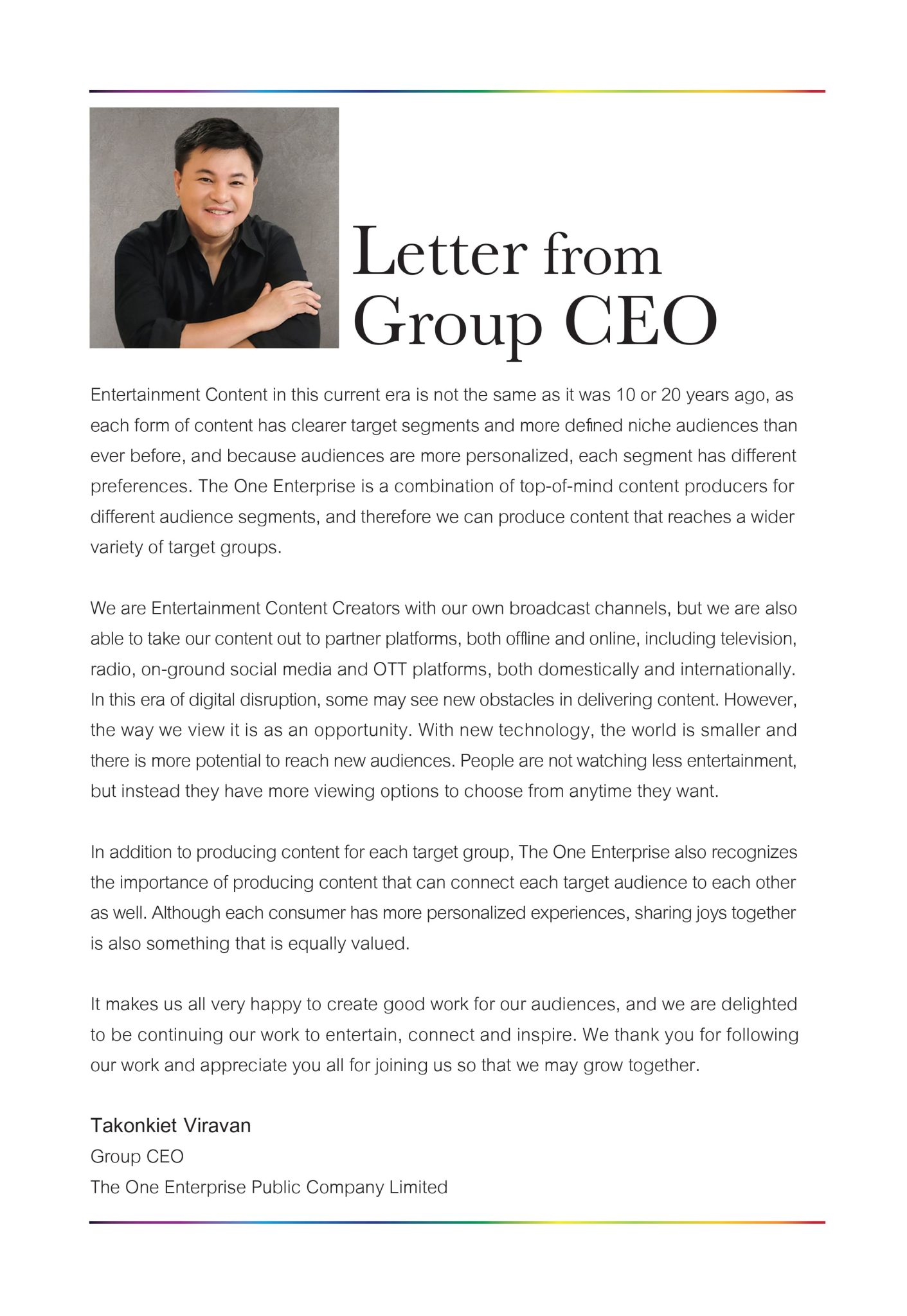 Letter From Group CEO - The One Enterprise